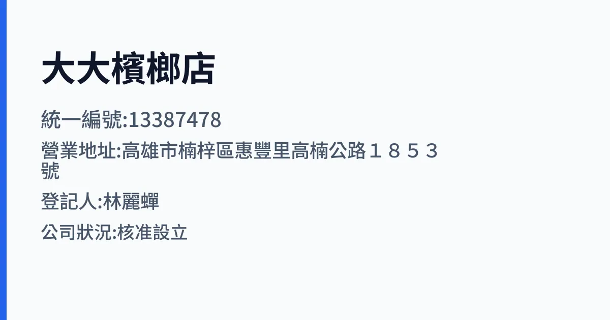 大大檳榔店 - 統編 13387478(高雄市) 公司登記資料與營業項目詳細圖表