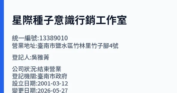 星際種子意識行銷工作室的照片-統編 13389010(臺南市) 公司登記資料與營業項目詳細圖表