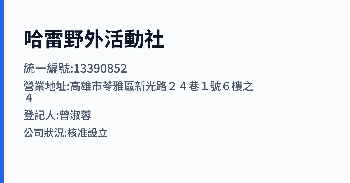 哈雷野外活動社 - 統編 13390852（高雄市） 公司登記資料與營業項目詳細圖表