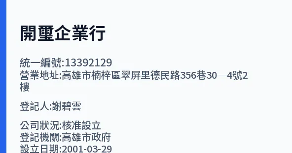 開璽企業行的照片-統編 13392129(高雄市) 公司登記資料與營業項目詳細圖表