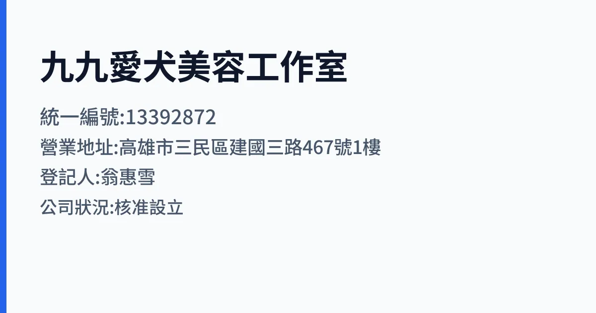 九九愛犬美容工作室 - 統編 13392872(高雄市) 公司登記資料與營業項目詳細圖表