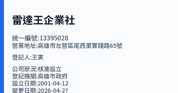 雷達王企業社的照片-統編 13395028(高雄市) 公司登記資料與營業項目詳細圖表