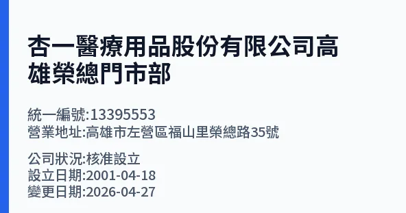 杏一醫療用品股份有限公司高雄榮總門市部的照片-統編 13395553(高雄市) 公司登記資料與營業項目詳細圖表