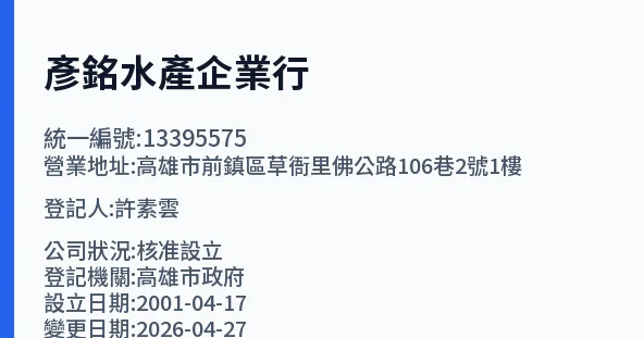 彥銘水產企業行的照片-統編 13395575(高雄市) 公司登記資料與營業項目詳細圖表