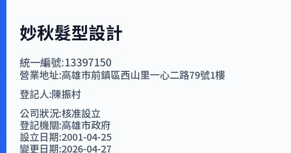 妙秋髮型設計的照片-統編 13397150(高雄市) 公司登記資料與營業項目詳細圖表