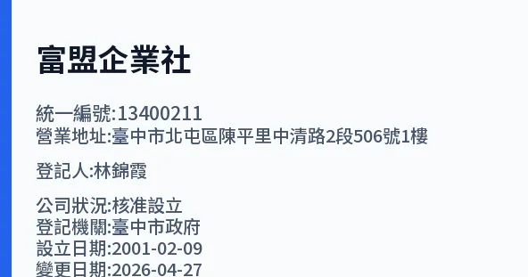 富盟企業社的照片-統編 13400211(臺中市) 公司登記資料與營業項目詳細圖表