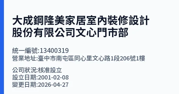 大成鋼隆美家居室內裝修設計股份有限公司文心門市部的照片-統編 13400319(臺中市) 公司登記資料與營業項目詳細圖表