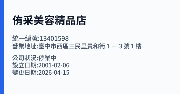 侑采美容精品店的照片-統編 13401598(臺中市) 公司登記資料與營業項目詳細圖表