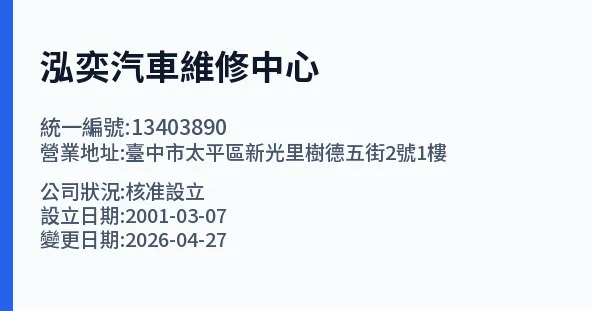 泓奕汽車維修中心的照片-統編 13403890(臺中市) 公司登記資料與營業項目詳細圖表
