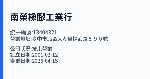 南榮橡膠工業行的照片-統編 13404321(臺中市) 公司登記資料與營業項目詳細圖表