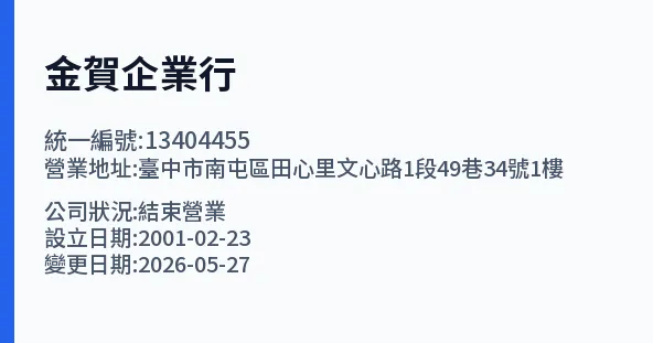 金賀企業行的照片-統編 13404455(臺中市) 公司登記資料與營業項目詳細圖表