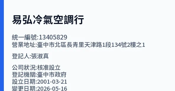 易弘冷氣空調行的照片-統編 13405829(臺中市) 公司登記資料與營業項目詳細圖表