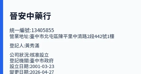 晉安中藥行的照片-統編 13405855(臺中市) 公司登記資料與營業項目詳細圖表