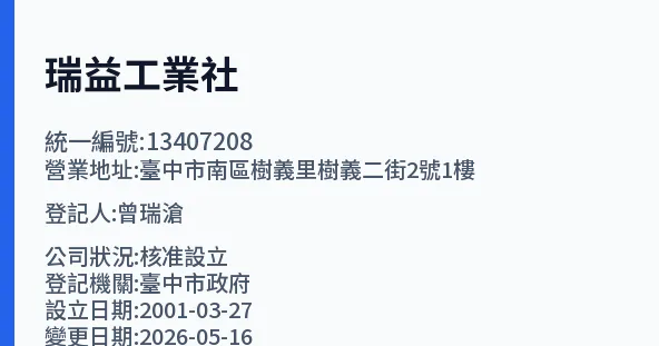 瑞益工業社的照片-統編 13407208(臺中市) 公司登記資料與營業項目詳細圖表