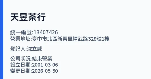 天昱茶行的照片-統編 13407426(臺中市) 公司登記資料與營業項目詳細圖表