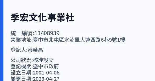 季宏文化事業社的照片-統編 13408939(臺中市) 公司登記資料與營業項目詳細圖表