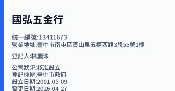 國弘五金行的照片-統編 13411673(臺中市) 公司登記資料與營業項目詳細圖表