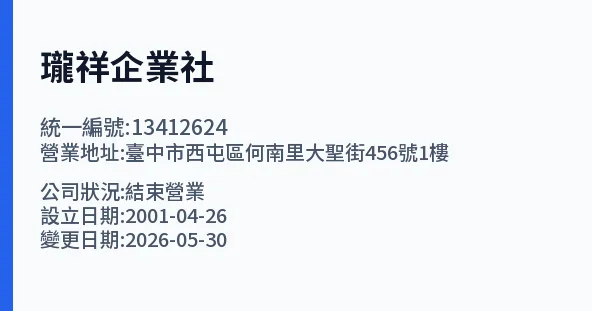 瓏祥企業社的照片-統編 13412624(臺中市) 公司登記資料與營業項目詳細圖表