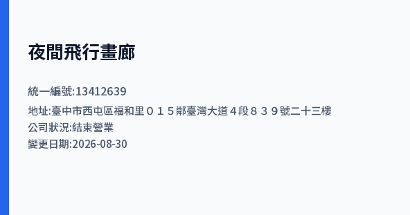 夜間飛行畫廊的照片-統編 13412639(臺中市) 公司登記資料與營業項目詳細圖表