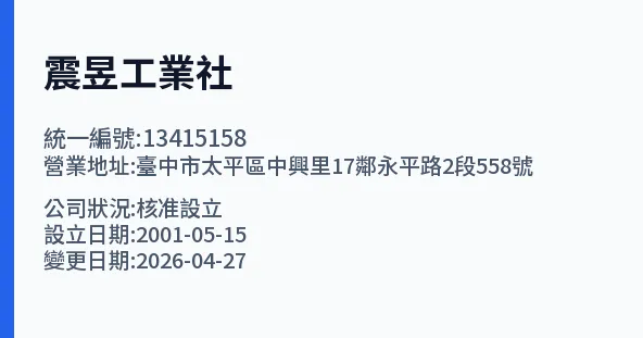 震昱工業社的照片-統編 13415158(臺中市) 公司登記資料與營業項目詳細圖表