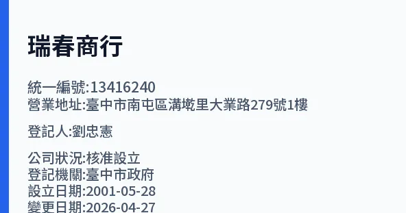 瑞春商行的照片-統編 13416240(臺中市) 公司登記資料與營業項目詳細圖表