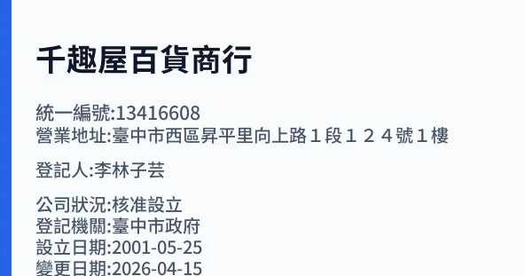 千趣屋百貨商行的照片-統編 13416608(臺中市) 公司登記資料與營業項目詳細圖表