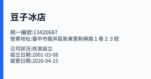 豆子冰店的照片-統編 13420687(臺中市) 公司登記資料與營業項目詳細圖表