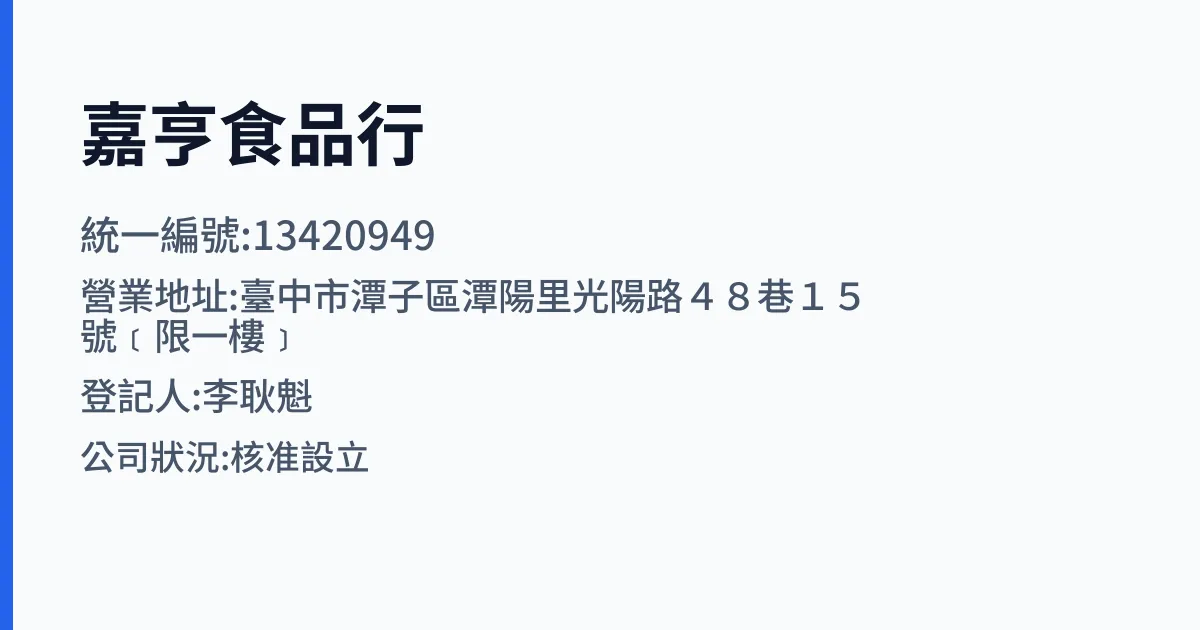 嘉亨食品行 - 統編 13420949(臺中市) 公司登記資料與營業項目詳細圖表