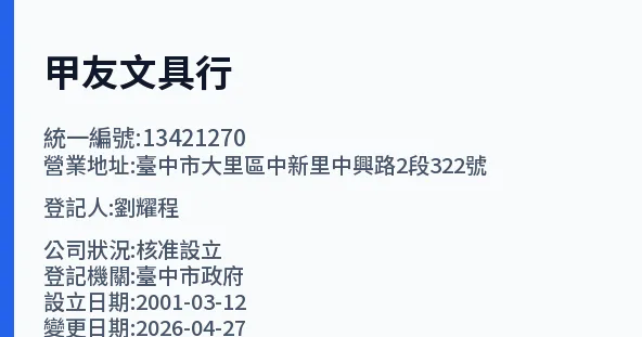 甲友文具行的照片-統編 13421270(臺中市) 公司登記資料與營業項目詳細圖表