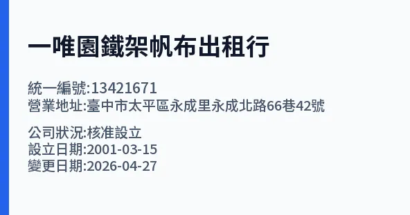 一唯園鐵架帆布出租行的照片-統編 13421671(臺中市) 公司登記資料與營業項目詳細圖表