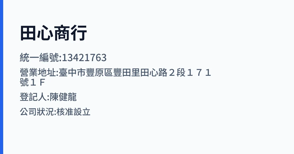 田心商行 - 統編 13421763(臺中市) 公司登記資料與營業項目詳細圖表