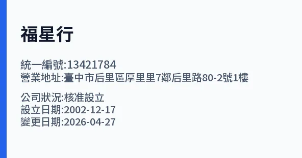 福星行的照片-統編 13421784(臺中市) 公司登記資料與營業項目詳細圖表