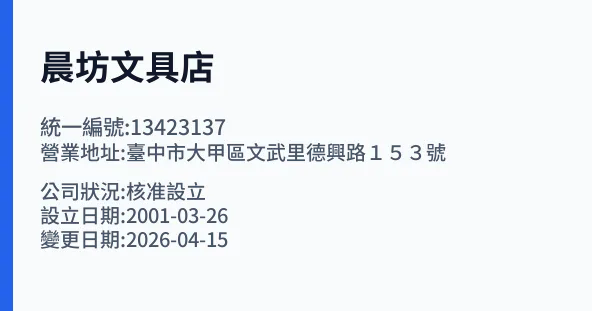 晨坊文具店的照片-統編 13423137(臺中市) 公司登記資料與營業項目詳細圖表