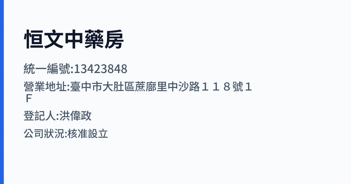 恒文中藥房 - 統編 13423848(臺中市) 公司登記資料與營業項目詳細圖表