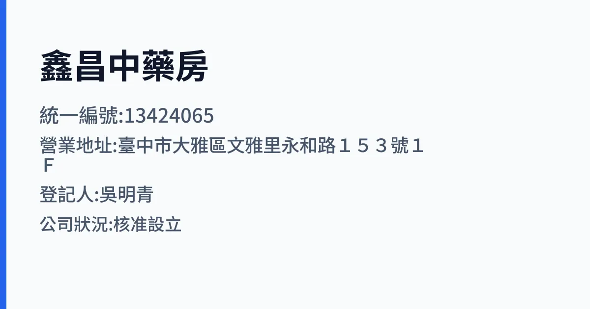 鑫昌中藥房 - 統編 13424065(臺中市) 公司登記資料與營業項目詳細圖表