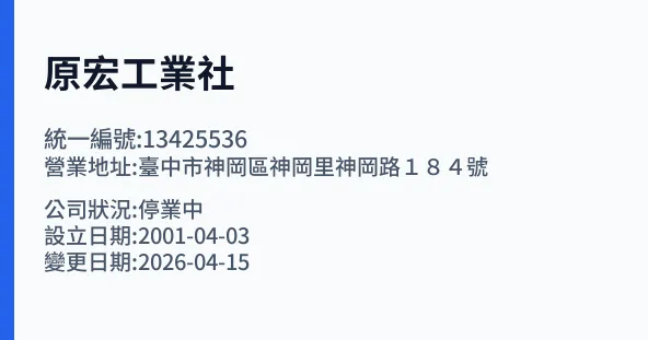 原宏工業社的照片-統編 13425536(臺中市) 公司登記資料與營業項目詳細圖表