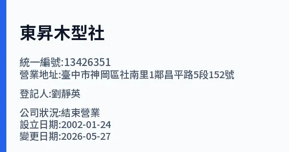 東昇木型社的照片-統編 13426351(臺中市) 公司登記資料與營業項目詳細圖表