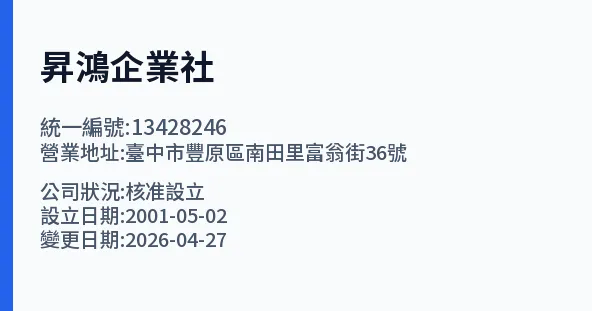 昇鴻企業社的照片-統編 13428246(臺中市) 公司登記資料與營業項目詳細圖表