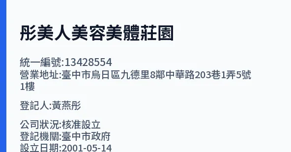 彤美人美容美體莊園的照片-統編 13428554(臺中市) 公司登記資料與營業項目詳細圖表