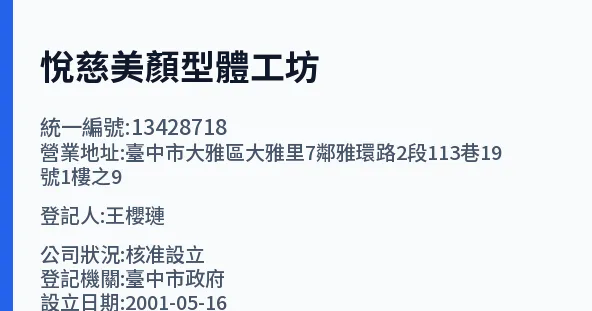 悅慈美顏型體工坊的照片-統編 13428718(臺中市) 公司登記資料與營業項目詳細圖表