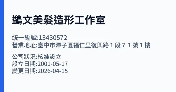 鷁文美髮造形工作室的照片-統編 13430572(臺中市) 公司登記資料與營業項目詳細圖表