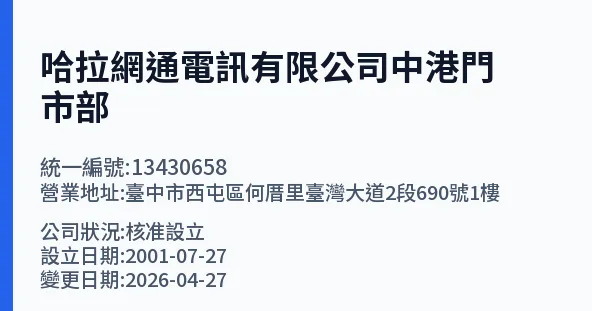 哈拉網通電訊有限公司中港門市部的照片-統編 13430658(臺中市) 公司登記資料與營業項目詳細圖表