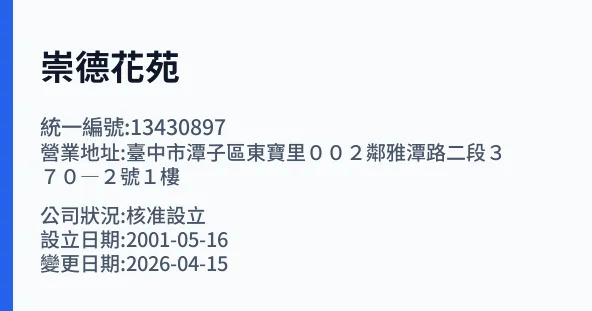 崇德花苑的照片-統編 13430897(臺中市) 公司登記資料與營業項目詳細圖表