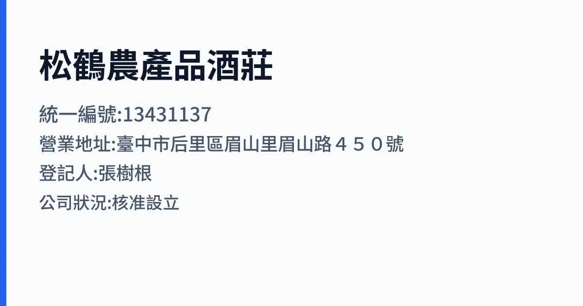 松鶴農產品酒莊 - 統編 13431137(臺中市) 公司登記資料與營業項目詳細圖表