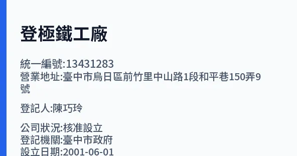 登極鐵工廠的照片-統編 13431283(臺中市) 公司登記資料與營業項目詳細圖表