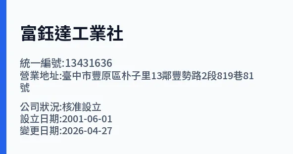 富鈺達工業社的照片-統編 13431636(臺中市) 公司登記資料與營業項目詳細圖表