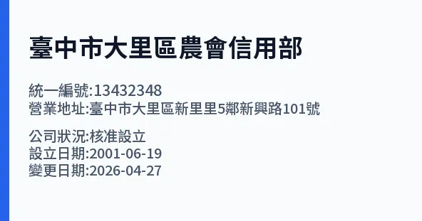 臺中市大里區農會信用部的照片-統編 13432348(臺中市) 公司登記資料與營業項目詳細圖表