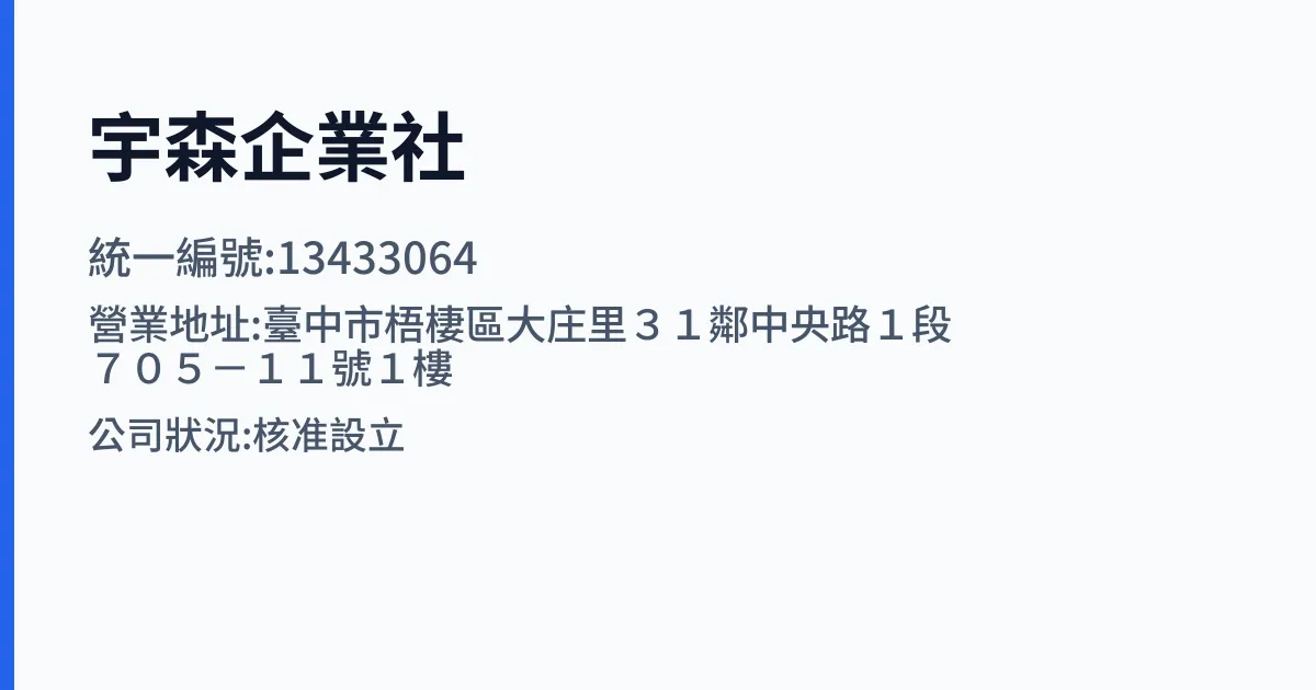 宇森企業社 - 統編 13433064(臺中市) 公司登記資料與營業項目詳細圖表