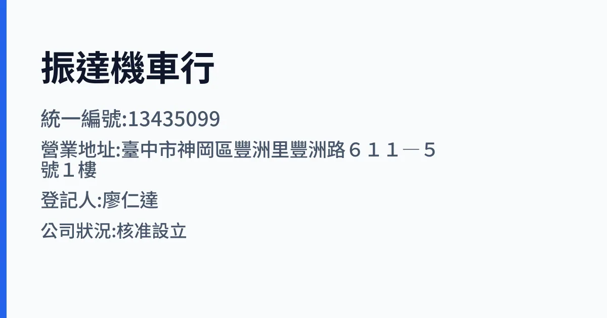 振達機車行 - 統編 13435099(臺中市) 公司登記資料與營業項目詳細圖表
