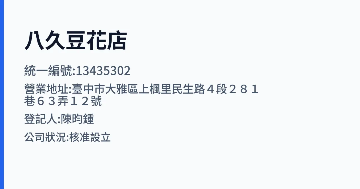 八久豆花店 - 統編 13435302(臺中市) 公司登記資料與營業項目詳細圖表